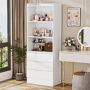 DICTAC 73.23'' Tall Storage Cabinet Bookcase with 3 Drawers and 3-Tier Open Shelves Wooden Bookshelf Kitchen Pantry Storage Cabinets Storage Organizer for Living Room, Study, Kitchen,Bathroom,White