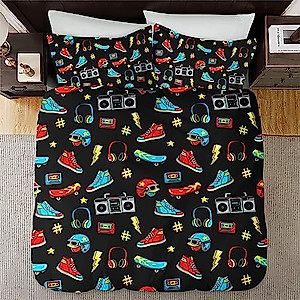 Duvet Cover Queen Size, 80S Cool Cute Retro Bedding Set with Zipper Closure for Kids and Adults, Red Neon Colorful Comforter Cover with 2 Pillow Shams for Bedroom Bed Decor