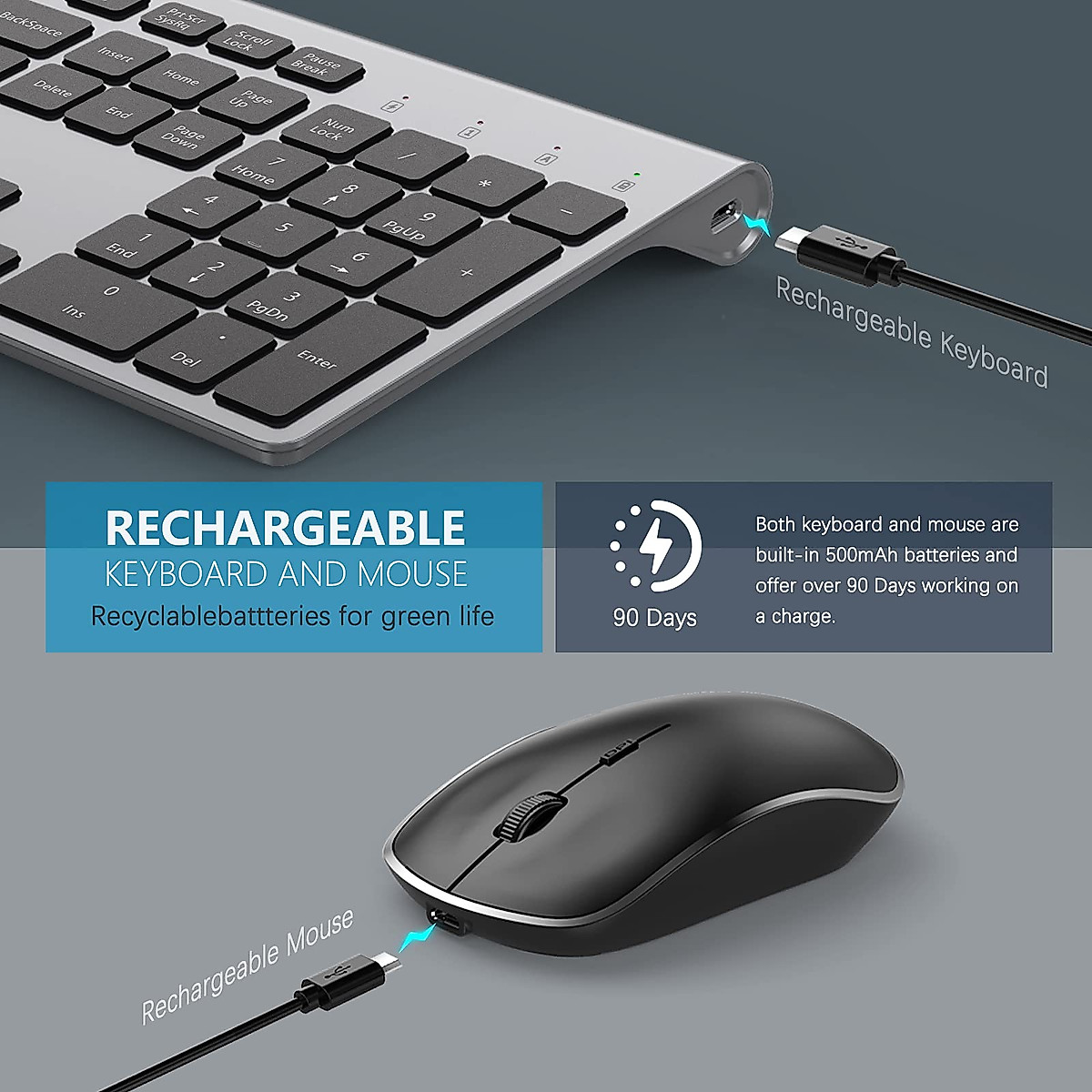 Rechargeable Wireless Keyboard Mouse-J JOYACCESS 2.4G Full Size Thin Wireless Keyboard and Mouse with Long Battery Life, Ergonomic and Compact Design for Laptop,PC,Desktop,Computer,Windows-Black& Grey