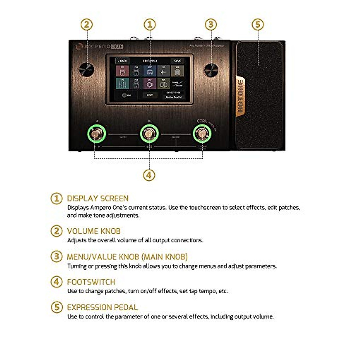 Hotone Ampero One MP-80 Guitar Bass Amp Modeling IR Cabinets Simulation Multi Language Multi-Effects with Expression Pedal Stereo OTG USB Audio Interface