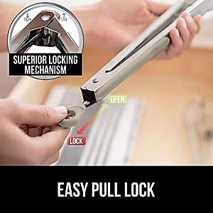 Gorilla Grip Stainless Steel Metal Tongs, 16 Inch, Heat Resistant up to 484 Degrees, Kitchen Utensil, Comfortable Silicone Handle, Easy Pull Lock, Strong Kitchen Tong for Cooking, Grilling, Almond