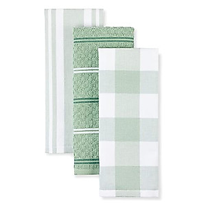 KitchenAid Stripe Gingham Dual Kitchen Rectangular CottonTowel 3-Pack Set, Matcha, 16"x28"