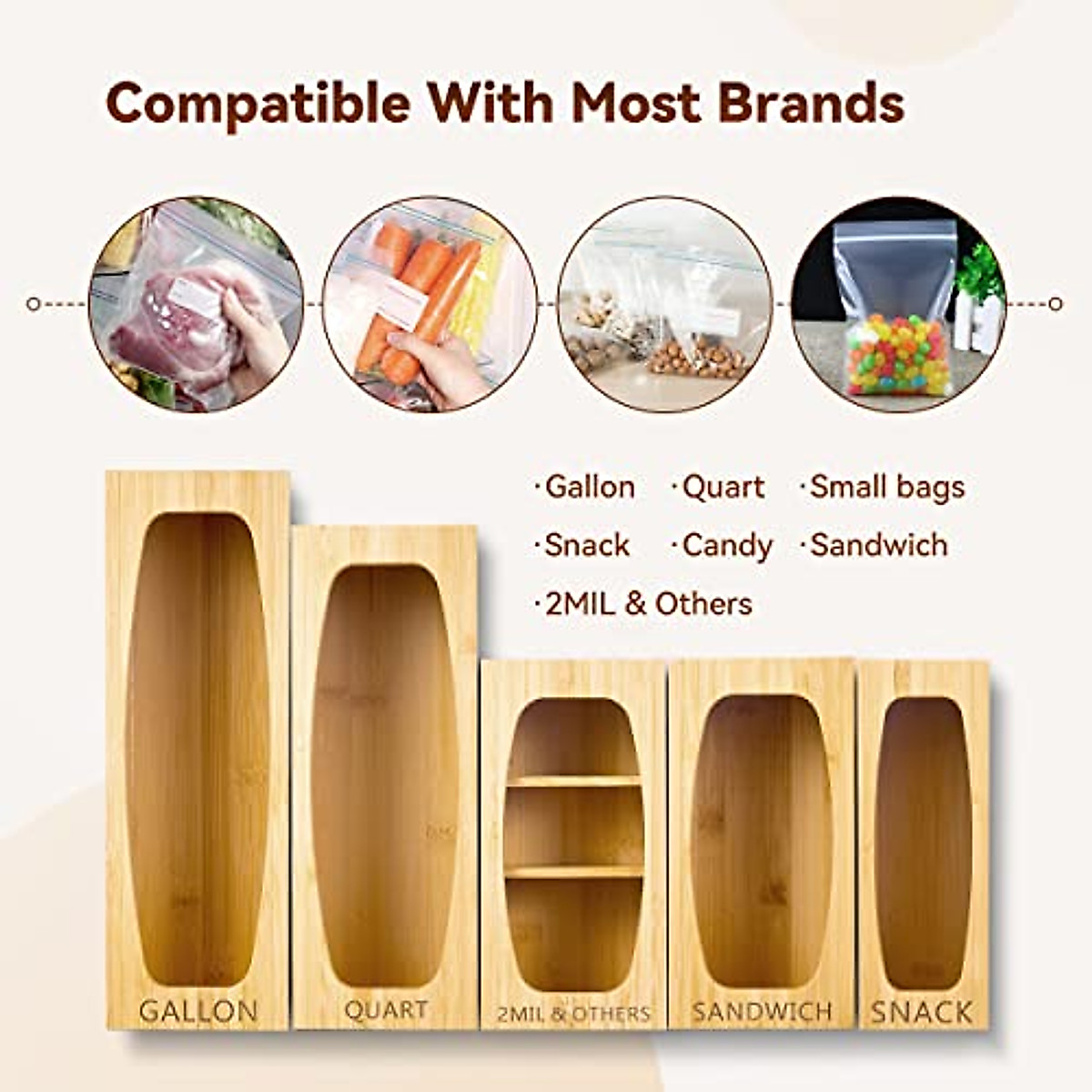 Art Secret Food Storage Bag Organizer Holder, Bamboo Storage Dispenser, Sandwich Bag Organizer for Gallon, Quart, Sandwich, Snack Variety Size Bag - Set of 5