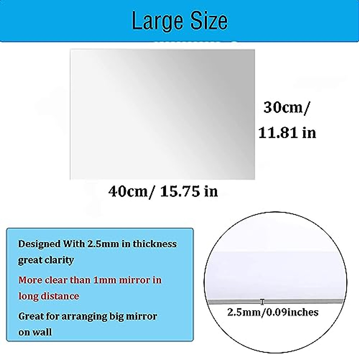 DARENYI 16"x12" Acrylic Mirror Sheet, Flexible Non Glass Body Mirror Tiles Large Self Adhesive Mirror Stickers for Bathroom Bedroom Home Wall Decor (1pc)