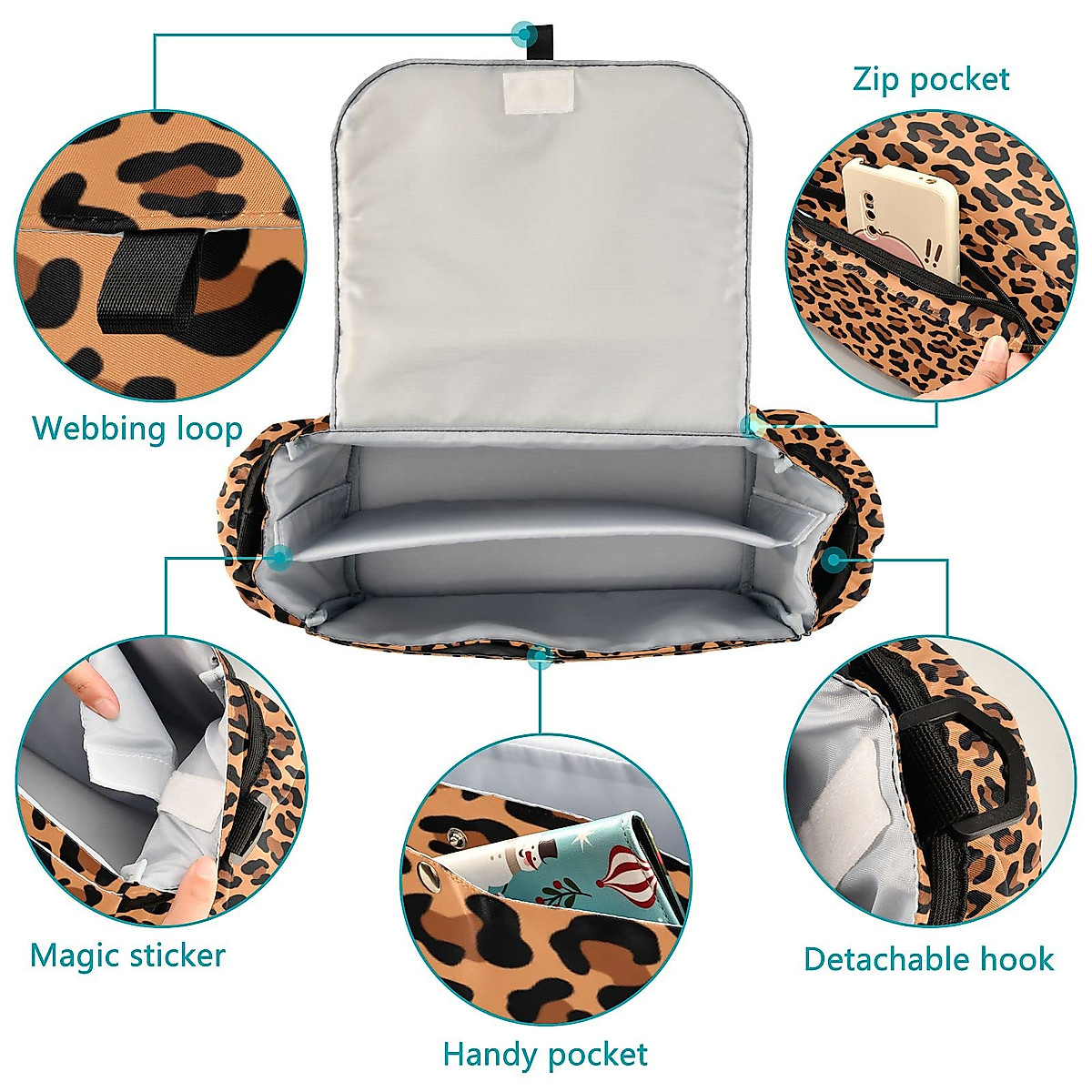 BOENLE Universal Baby Stroller Organizer with Two Insulated Cup Holders Brown Leopard Print Detachable Zipper Bag,Large Capacity for Baby Essentials