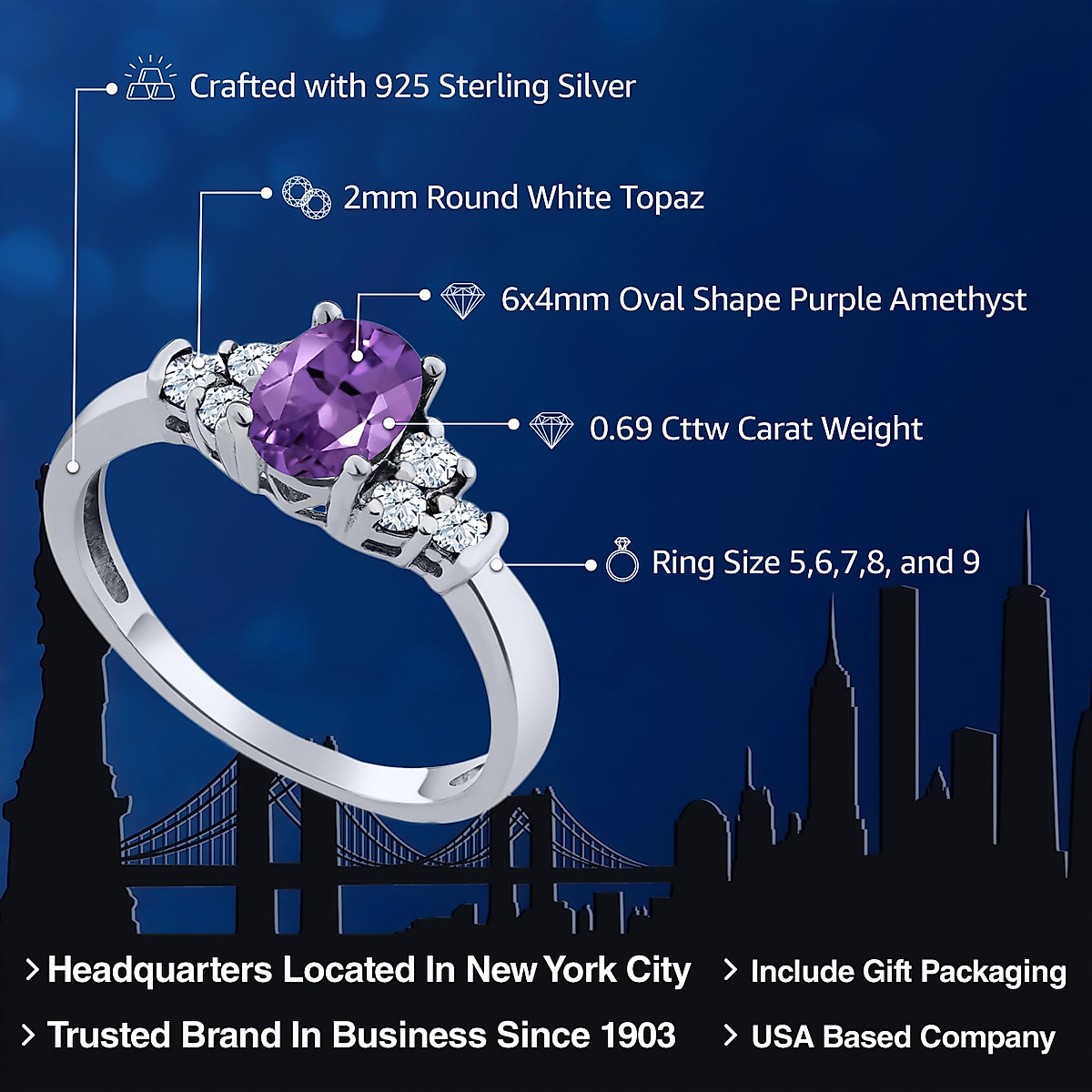 Gem Stone King 925 Sterling Silver Purple Amethyst and White Topaz Engagement Ring For Women (0.69 Cttw, Oval 6X4MM, Gemstone Birthstone, Available In Size 5, 6, 7, 8, 9)
