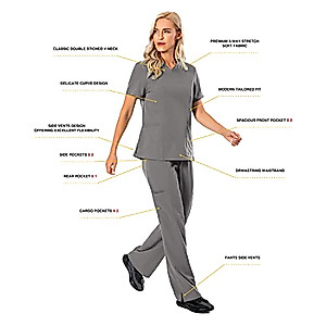 PuriPure Athletic Scrub Set for Women 4-Way Stretch V-Neck Scrub Top with 2 Pockets & cargo Scrub Pant with 5 Pockets (Large, Grey)