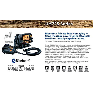 Uniden UM725GBTBK Marine VHF Radio, All USA, Canada, and Intl. Marine Channels, 1Watt/25Watt Transmit Power, Largest LCD Screen in Class, NOAA Weather Channels, Speaker Mic, Built-in GPS & Bluetooth.
