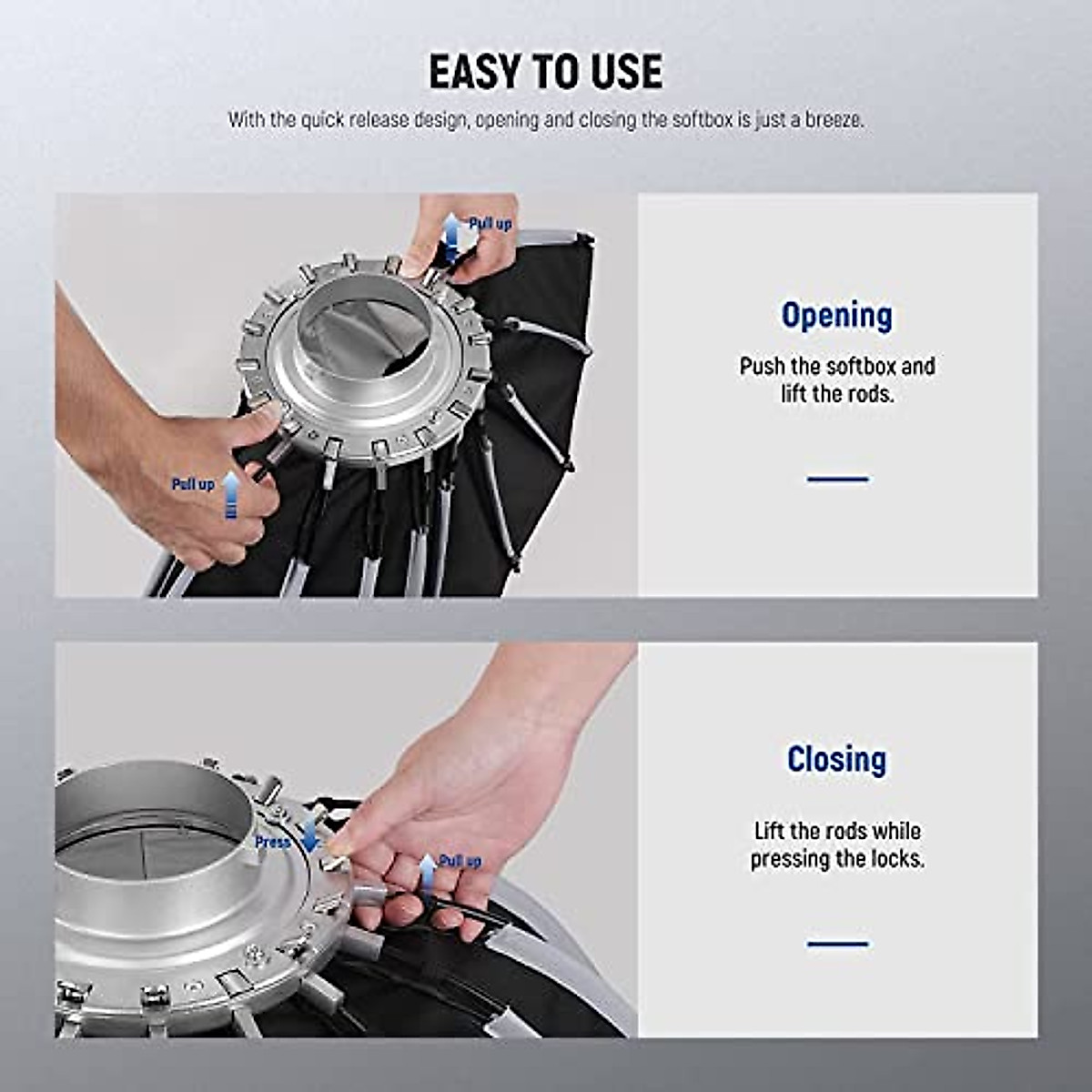 NEEWER 22inch/55cm Parabolic Softbox Quick Set up Quick Folding, with Diffusers/Honeycomb Grid/Bag, Compatible with Aputure 120d Light Dome Godox sl60w NEEWER RGB CB60 and Other Bowens Mount Lights