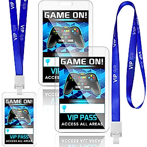 16 Pieces Blue Video Game VIP Pass Holder Tickets Set Video Game Party Favors Game Ticket Holder Gamer Party VIP Pass Lanyards for Game Themed Birthday Party Supplies