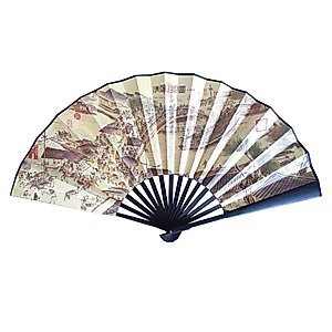 Classic Folding Fan,Bamboo Fan Rib&Printing Cloth of 12+ Pattern Options,13in,折扇 (Pattern 5-Riverside Scene at Qingming Festival(清明上河图))