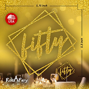 Fifty Cake Topper Gold Glitter, Modern Design 50 Birthday, Days, Months, Anniversary Party Decoration Ideas, Premium Quality, Sturdy Doubled Sided Glitter, Acrylic Stick. Made in USA