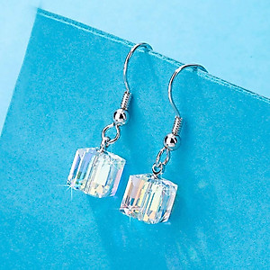 Austrian Crystal Cube Drop Dangle Earrings for Women Fashion 14K Gold Plated Hypoallergenic Jewelry (Aurora Borealis)