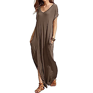 Match Women's V-Neck Casual Loose Short Sleeve Long T-Shirt Dress Split Maxi Dress with Side Pocket (152 Khaki, XL)