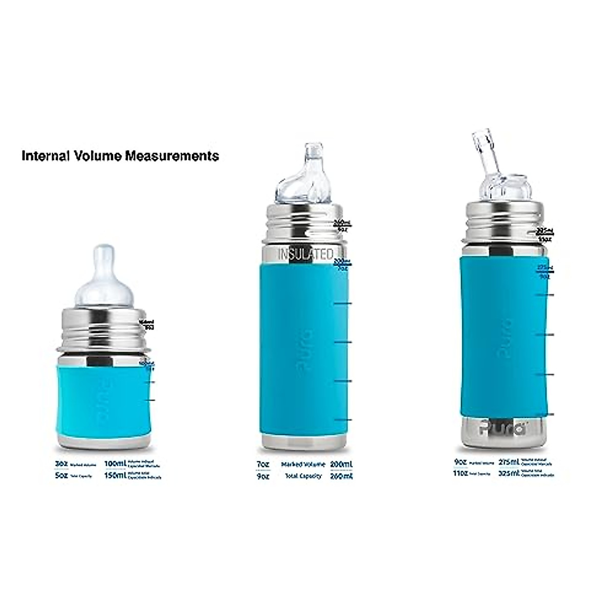 Pura Kiki 5oz/150ml Stainless Steel Anti-Colic Infant Bottle w/Silicone Natural Vent Nipple & Sleeve, Medical-Grade Silicone - Aqua