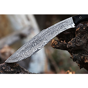 12.5 Inch long Hunting knife, Collectible knife, Natural Camel bone scale embellished with engraved brass finger guard, foil work spacer and pommel, Hand forged Twist pattern Damascus steel blade, Comes with Leather sheath