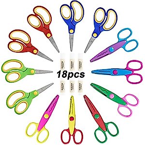 Kids Scissors Bulk Set,Small Scissors with Soft Touch Blunt Tip,5” Scissors for Kids ,Craft Scissors Decorative Edge and PVP Glue Sticks for School Home Office