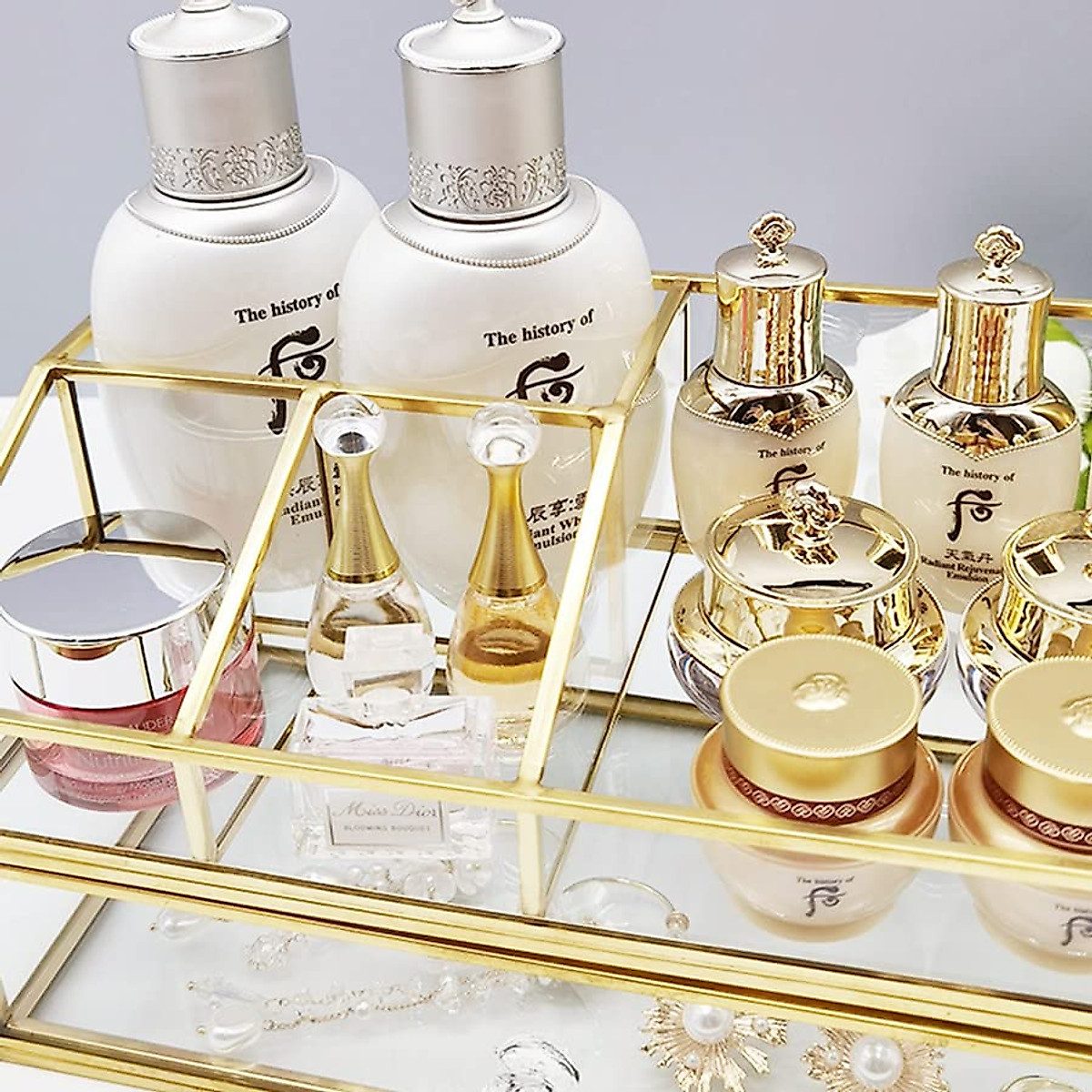 bofeiull Glass Makeup Brush Holder, Makeup Brush Organizer Jewelry Display Box, Nordic Style Elegant Glass Makeup Organizer Nail Polish Lipsticks Eyeliners Holder for Vanity Bathroom Bedroom Office