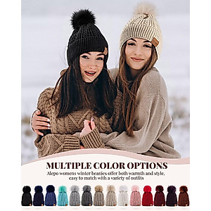 Alepo Womens Winter Beanie Hat, Warm Fleece Lined Knitted Soft Ski Cuff Cap with Pom Pom(Black+Oatmeal)