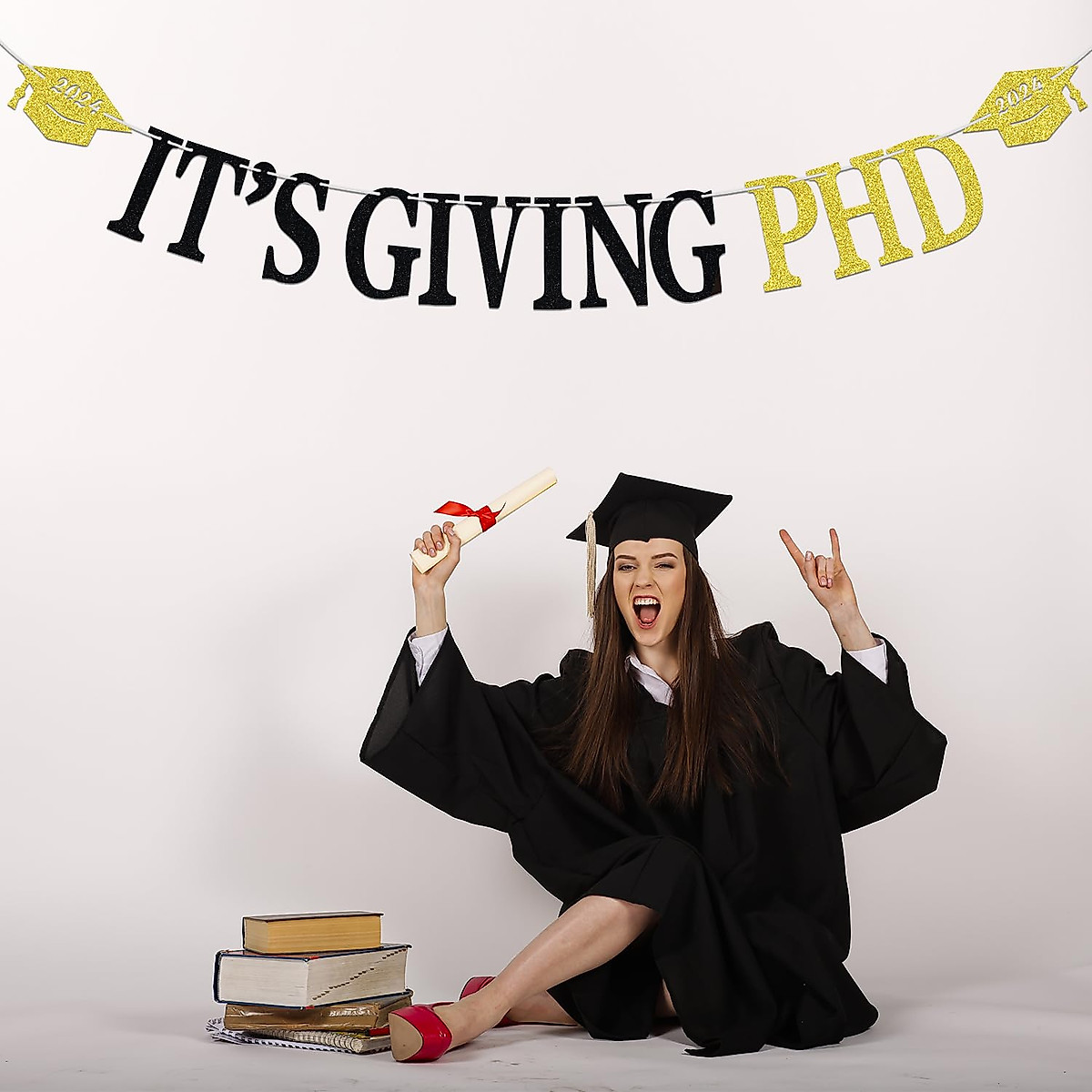 Gold Glitter It's Giving PHD Banner, You PHDid It/PHinally Done/Class of 2025, 2025 PHD Graduation Party Decorations Supplies