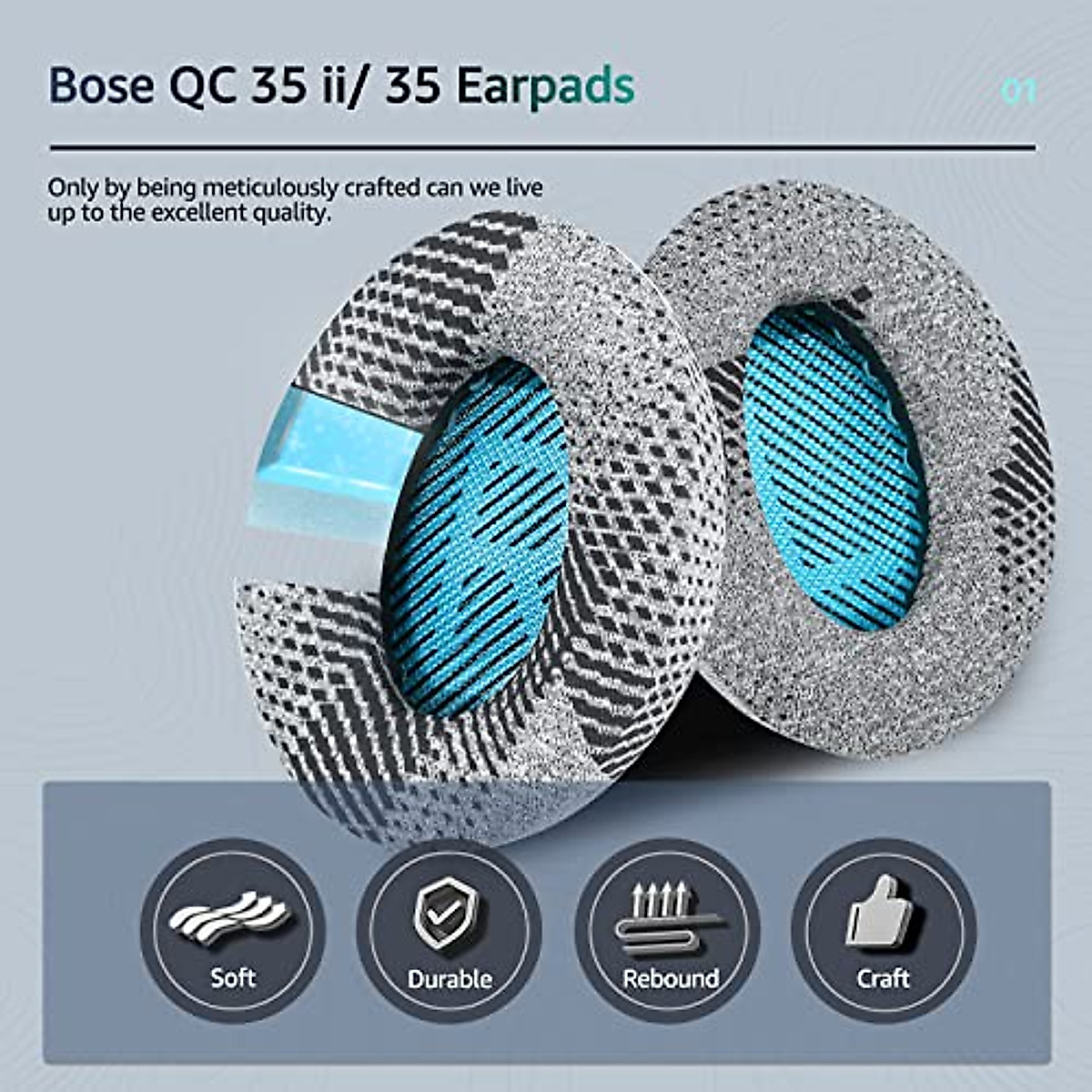 Wzsipod Cooling-Gel QuietComfort 35 / QC 35ii Replacement Ear Pads for Bose Headphones, Compatible with Bose QC45 QC35 QC25 QC2 QC15/ Around-Ear 2 AE2i AE2w/ SoundTrue & SoundLink Series (Grey Fabric)