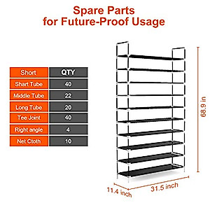 ERONE Shoe Rack Organizer, Tall Shoe Storage for Closets Non-Woven Fabric Metal Sturdy Shoe Shelf Tower Cabinet for Entryway (Black, 10 Tier)