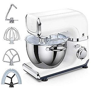 Electric Stand Mixer, UTALENT 6 Adjustable Speeds Automatic Tilt-Head Mixer with Flex Edge Beater(Bowl Scraper), Egg Whisk, Dough Hook, Flat Beater, Splash Guard and 4.2 QT Stainless Steel Bowl for Baking, Butter, Cakes and Cookies - White