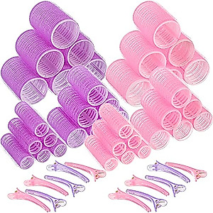 48 Pieces Self Grip Hair Rollers Set Self Holding Rollers No Heat Hair Curlers Hairdressing Curlers and Multicolor Plastic Duck Teeth Bows Hair Clips for DIY Hairdressing Salon Barber (Purple, Pink)