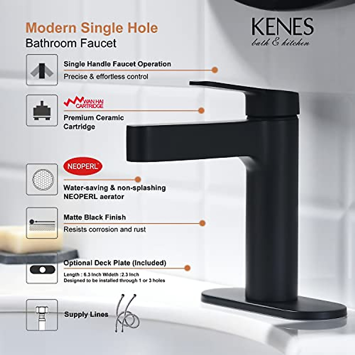 KENES Single Handle Bathroom Faucet, Matte Black Modern Single Hole Bathroom Sink Faucet with Deck Plate, Stainless Steel Lavatory Vanity Faucet Supply Lines Included, KE-9010-2