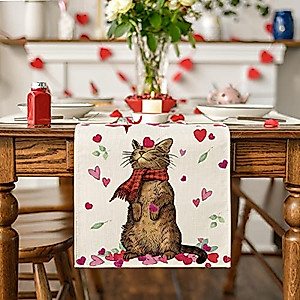 Artoid Mode Cat Branches Leaves Heart Valentine's Day Table Runner, Seasonal Holiday Kitchen Dining Table Decoration for Indoor Outdoor Home Party Decor 13 x 72 Inch