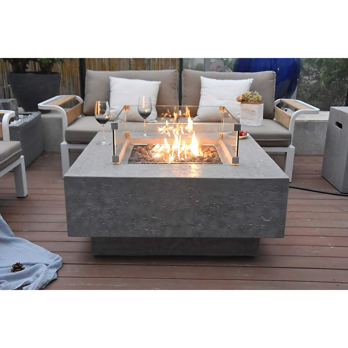 Elementi Manhattan Outdoor Table 37 Inches Natural Gas Patio Heater Concrete Firepits Outside Electronic Ignition Backyard Fireplace Cover Lava Rock Included