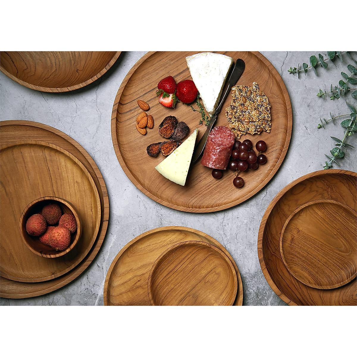 YUNIFF Wooden Plates, Teak Wood Dinner Plates, Round Serving Tray Or Serving Dishes All Natural Charger Plates Table Decor, Set Of 4, 12 Inch Wood Plates, Housewarming