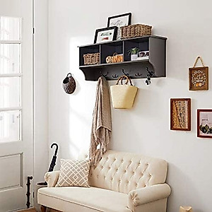 Vanity Art 5 Hooks Wall Mounted Coat Rack with Storage Shelf Wall Hanging Shelf Entryway Organizer for Living Room Bedroom Bathroom Kitchen (Gray) F10003GR-BK