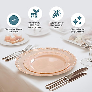 Posh Setting Posh Disposable Vintage Plastic Plates Set - Heavy Duty Vintage Dinnerware, 60 Pack with 30 Appetizer & 30 Dinner Plates for Wedding, Pink/Blush