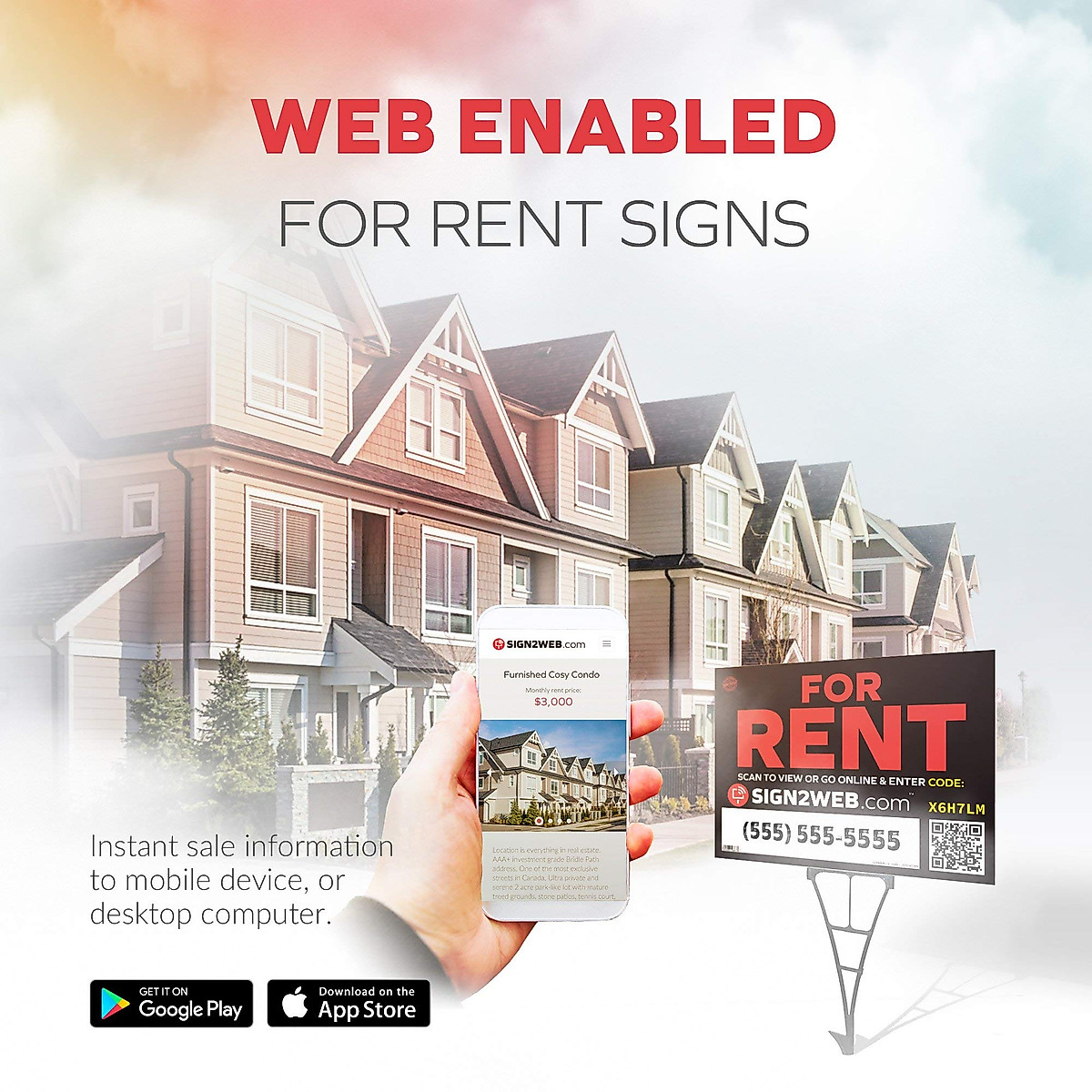WEB ENABLED For Rent Real Estate Sign - Large 24” x 18” LASER PRINTED High Visibility For Rent Yard Sign - Double Sided House For Rent Sign - THE EVOLVED FOR RENT SIGN SOLUTION!