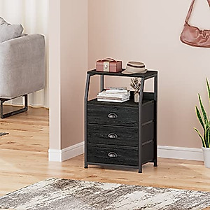 Furnulem Black Dresser for Bedroom, Small Nightstand with 3 Fabric Storage Drawers and 2-Tier Shelf, End Table Side Furniture for Closet, Hallway, Nursery, Sturdy Steel Frame, Wood Top (Black Oak)