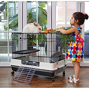 Large 2-Level Indoor Small Animal Pet Cage for Guinea Pig Ferret Chinchilla Cat Playpen Rabbit Hutch with Solid Platform & Ramp, Leakproof Litter Tray, 2 Large Access Doors Lockable Casters