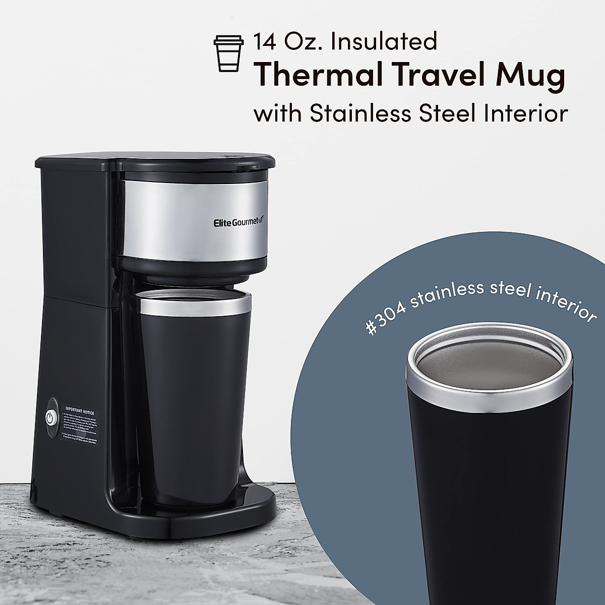 Elite Gourmet EHC112 Personal Single-Serve Compact Coffee Maker Brewer Includes 14Oz. Stainless Steel Interior Thermal Travel Mug, Compatible with Coffee Grounds, Reusable Filter