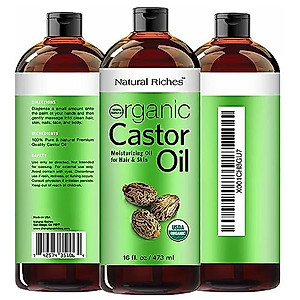 Natural Riches Organic Castor Oil Cold pressed USDA certified for Dry Skin Hair Loss Dandruff Thicker Hair - Moisturizes Skin Helps Hair growth Thicker Eyelashes Eyebrows Hexane free16 fl. oz.