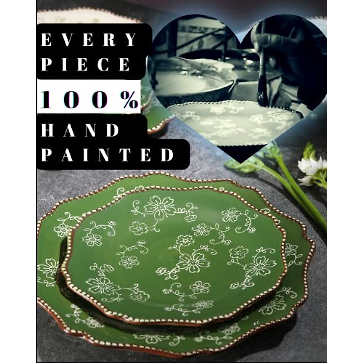 KUNABOO Artisanal Small Ceramic Plates, Salad Plates, Dessert Plates Ceramic Plates Set of 6-7.8” - Sakura Floral Series Pine Green - Ready to Wrap Gift