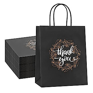 QIELSER Thank You Gift Bags Bulk 50 Pcs 8"x4.75"x10" Medium Black Kraft Paper Bags with Handles, Tissue Paper, and Hang Tags for Retail Shopping, Wedding, Baby Shower Holiday, Party