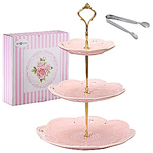 Jusalpha 3-Tier Pink Porcelain Cake Stand/Cupcake Stand/Dessert Stand/Tea Party Pastry Serving Platter/Food Display, Stand, Comes in a Gift Box- Free Sugar Tong, Pink