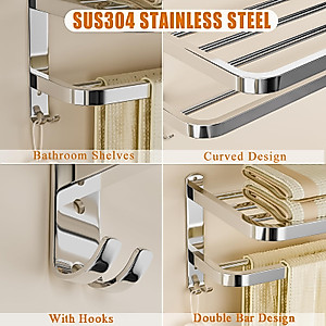 Generic NICETAKU 23inches Towel Racks for Bathroom Towel Shelf with Double Towel Bars Lavatory Wall Mount Holder with Hooks Stainless Steel Hotel Bath Rack (Silver)