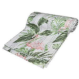 SHIRANYA Cotton Kantha Quilt Bedspread Queen Indian Handmade Flamingo and Leaf Print Throw Blanket Reversible Traditional Patchwork Stitched Bedding Comforter Decorative (90x108 Inch/220x274 cm)