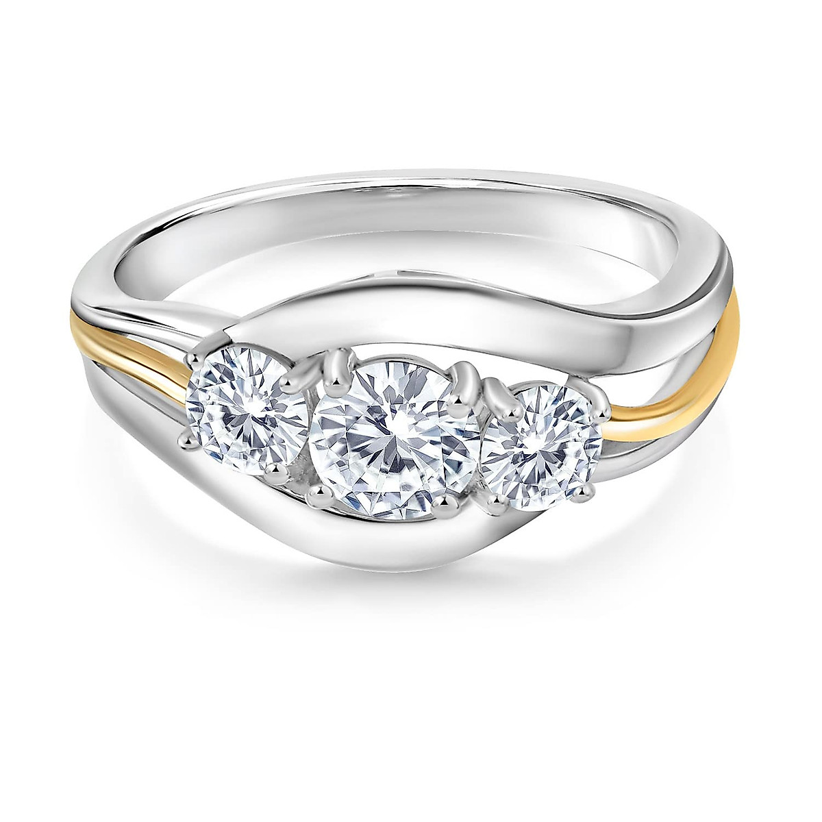 Gem Stone King 925 Sterling Silver and 10K Yellow Gold Round White Moissanite 3 Stone Ring For Women (0.96 Cttw, Available In Size 5, 6, 7, 8, 9)
