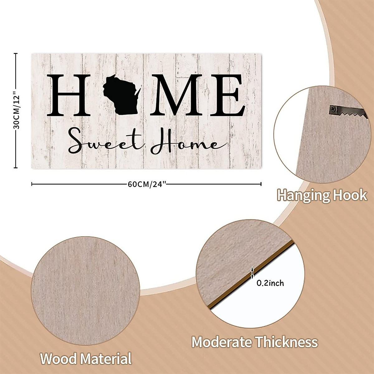 Classic Style Wood Pallet Sign Home Sweet Home Wisconsin State Rustic Wooden Wall Plaque Wall Pediment Inspirational Wood Wall Pediment for Deck Front Door Wall Hanging Decorations 12x24 Inch