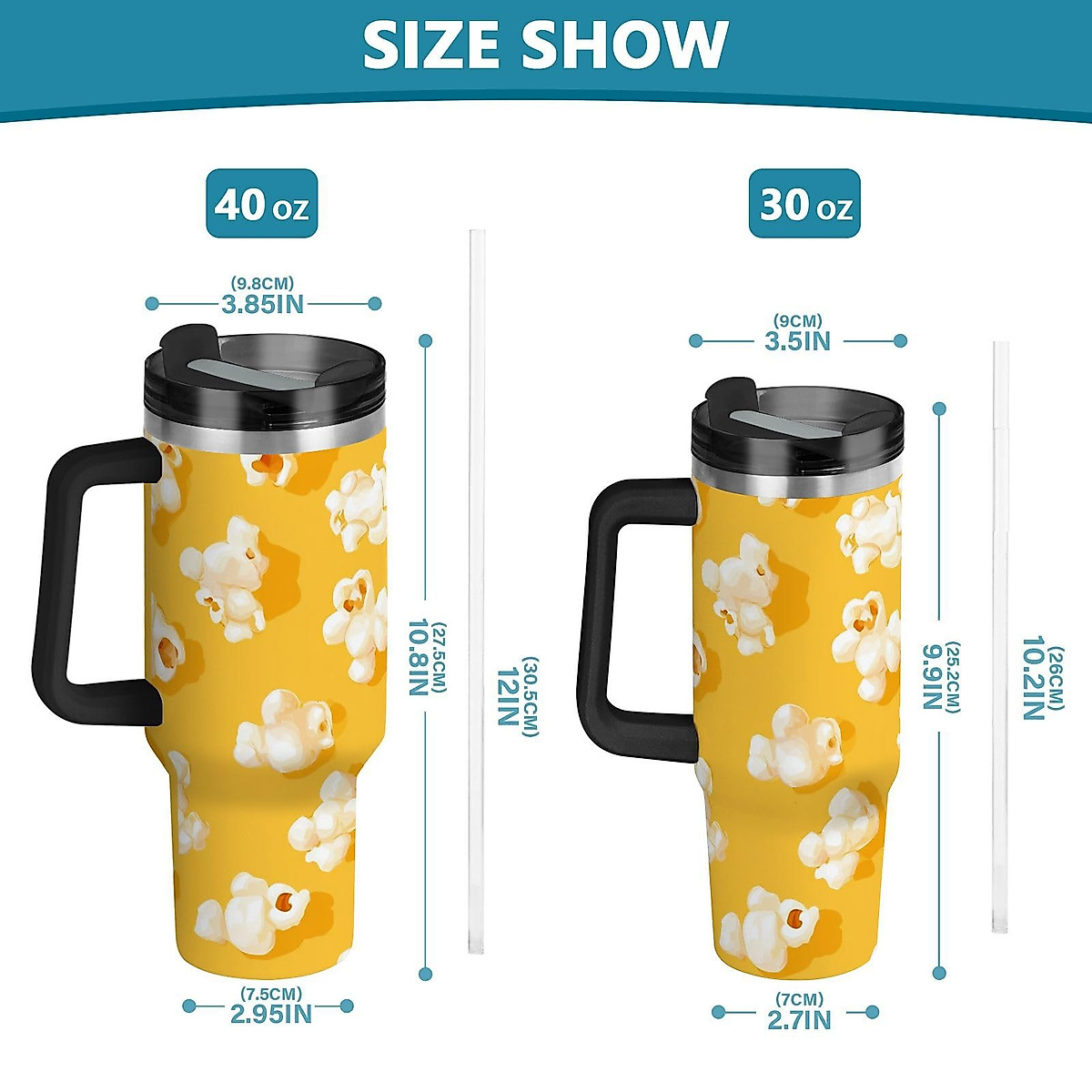 Selerdon 40 oz Tumbler Yellow Popcorn with Handle and Straw Lid Vacuum Stainless Steel Insulated Water Bottle Travel Mug Car Cup Holder Friendly BPA Free for Gym Travel Office