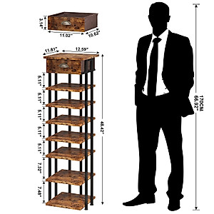 Homeiju Shoe Rack Organizer,8-Tier Vertical Shoe Rack,Wooden Shoes Rack for Entryway,Narrow Shoe Rack Shoes Storage Organizer with Wooden Top & Drawer for Entryway, Hallway,Rustic Brown