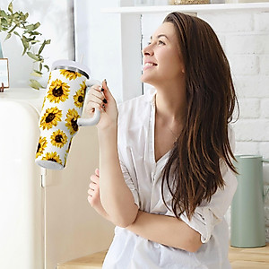 MCHIVER Yellow Sunflowers 30 oz Tumbler with Handle and Straw Stainless Steel Vacuum Water Bottle Leak-proof Travel Coffee Mug Insulated Tumbler with Lid
