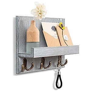 TUAEB Key Holder for Wall Decorative with 3 Double Key Hooks, Farmhouse Keys and Mail Rack with Shelf, Vintage Hanging Mail Organizer Wall Mount, Wooden Key Hanger for Home Decor